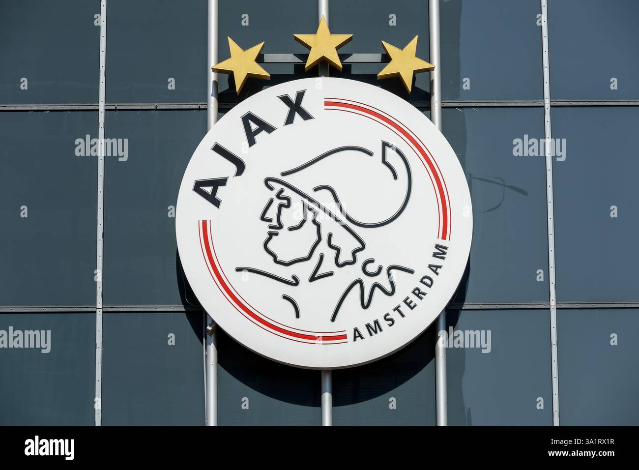 Ajax logo sign at the fan shop at the Johan Cruijff Arena Amsterdam the ...