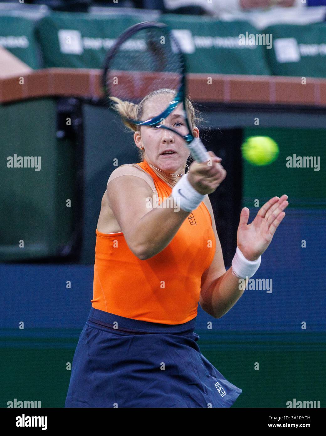 March 9, 2025: Mirra Andreeva hits a shot during her match against Clara Tauson (DEN) in round 3 ...
