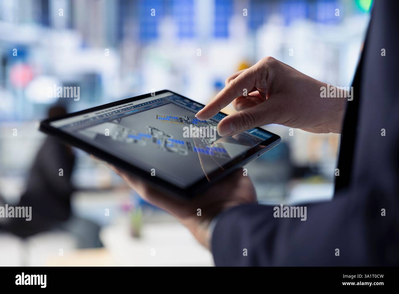 Solar panels plant employee analyzing performance data on tablet. Close ...