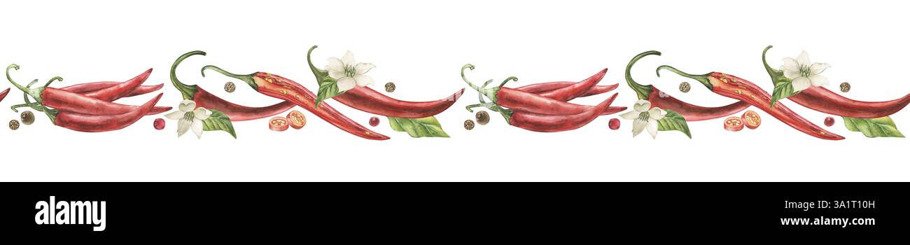 Seamless border with red, hot chili pepper, leaves, flowers. The ...