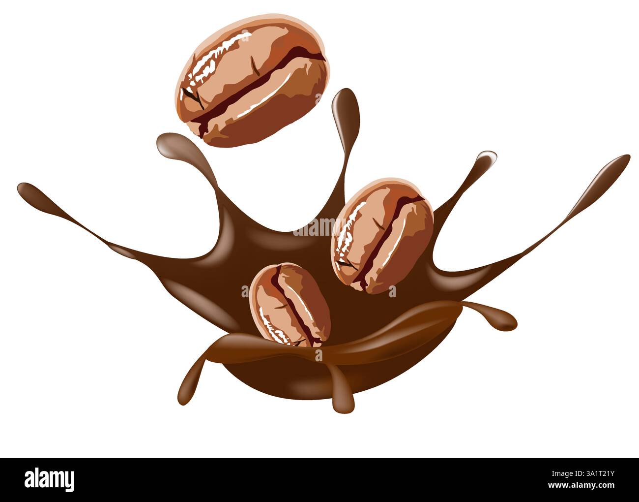 Three roasted coffee beans interacting with splashing of brown liquid ...