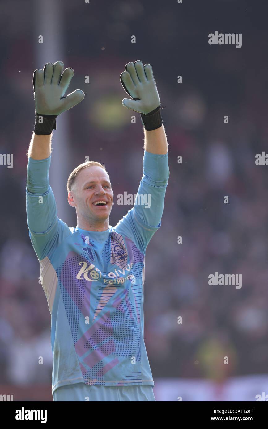 Nottingham, UK. 08th Mar, 2025. Matz Sels (NF) celebrates at the ...