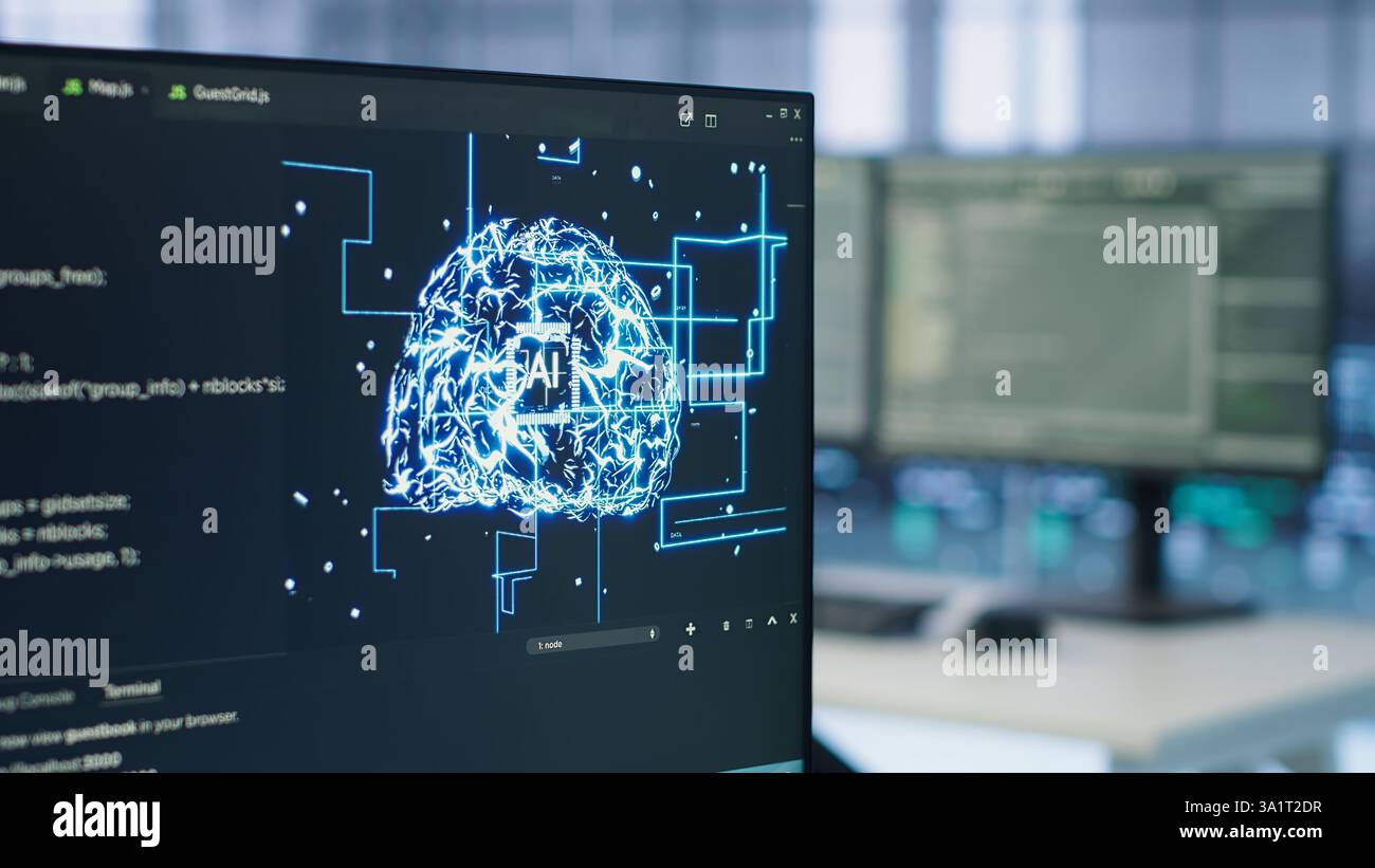 Close up of programming language on PC displays in server farm used for data processing ...