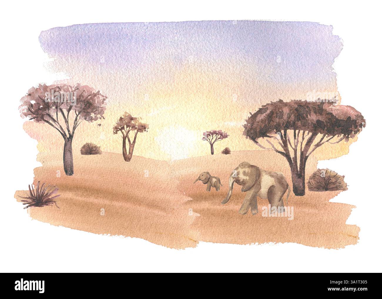 Desert scenery with flora and wild animals watercolor hand painted ...