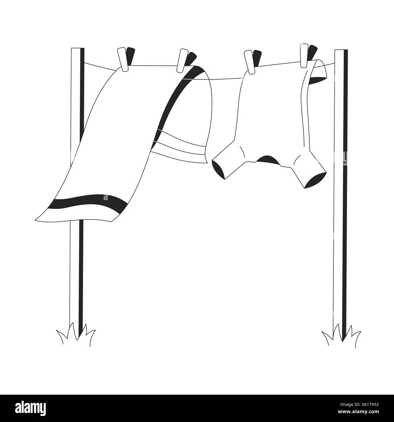 Freshly washed clothes hanging on clothesline 2D line object Stock ...