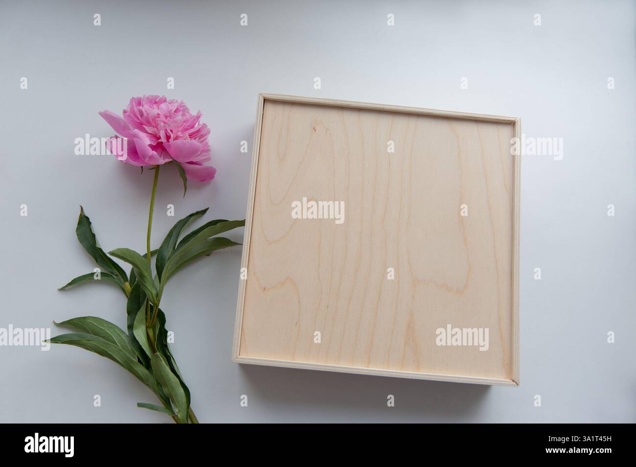 Peony flower with wooden box Stock Photo - Alamy