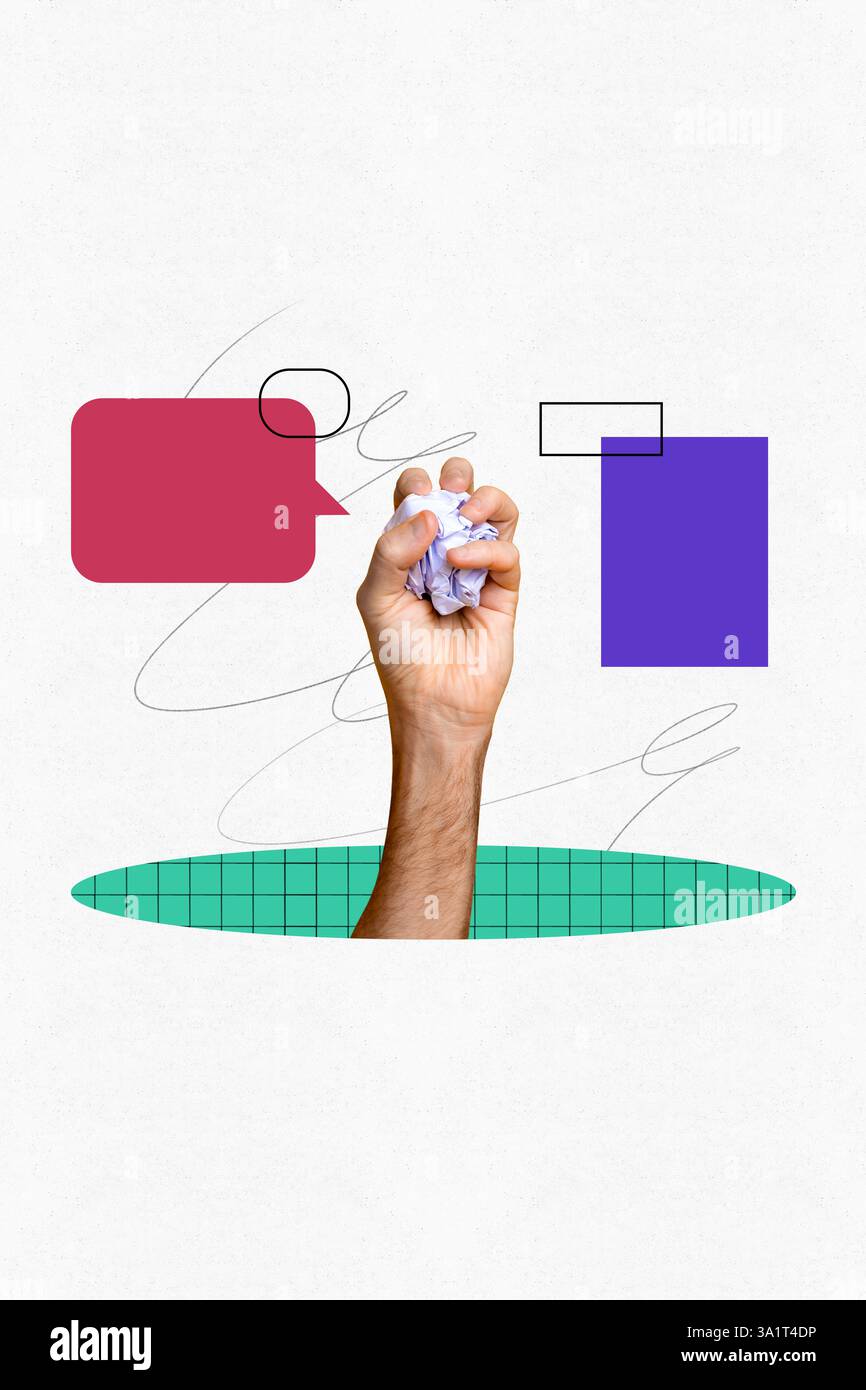 Exclusive image vertical photo collage of hand hold crumpled paper ...