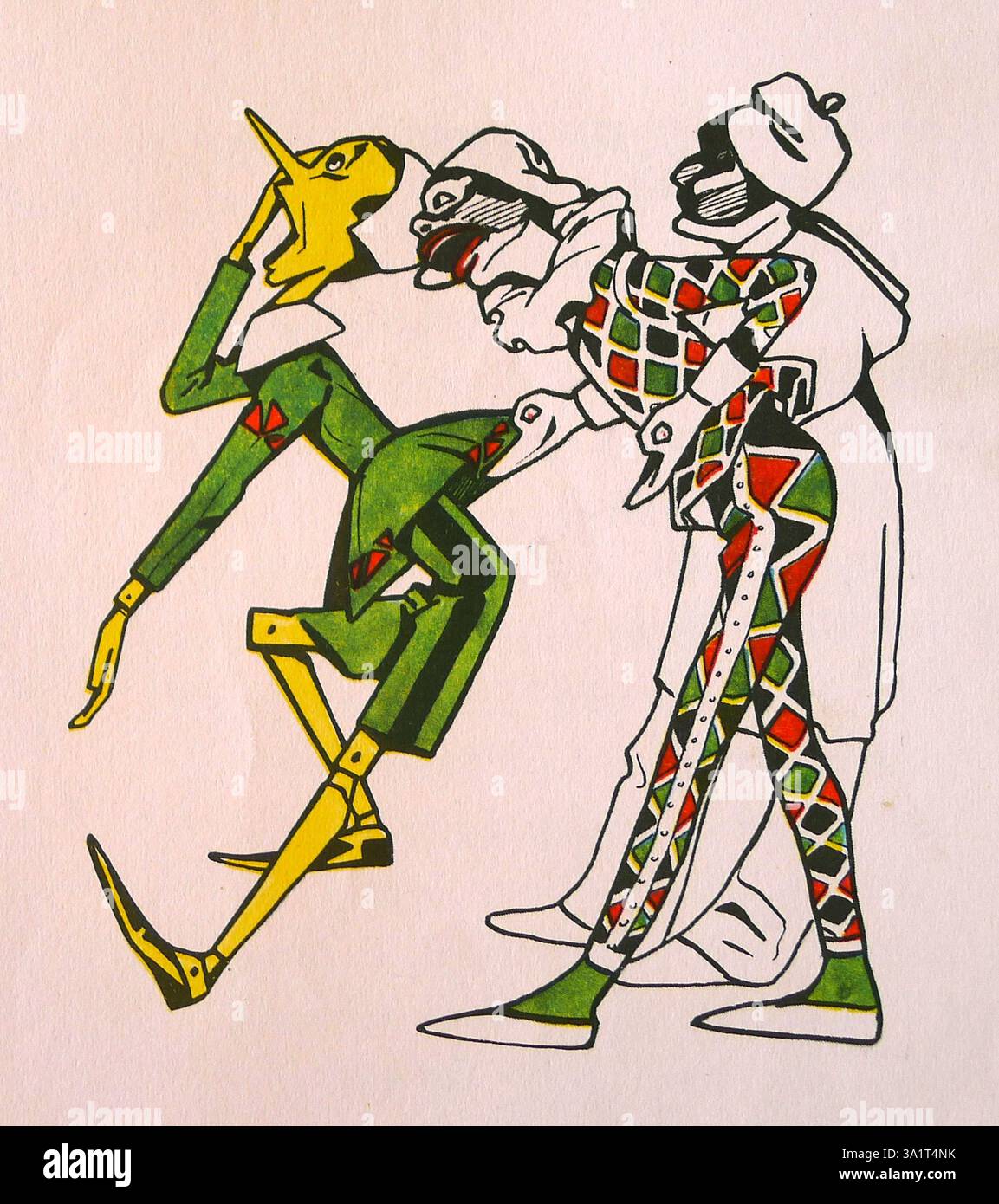 Pinocchio with Harlequin and Pulcinella, 1911. Illustration from "The ...
