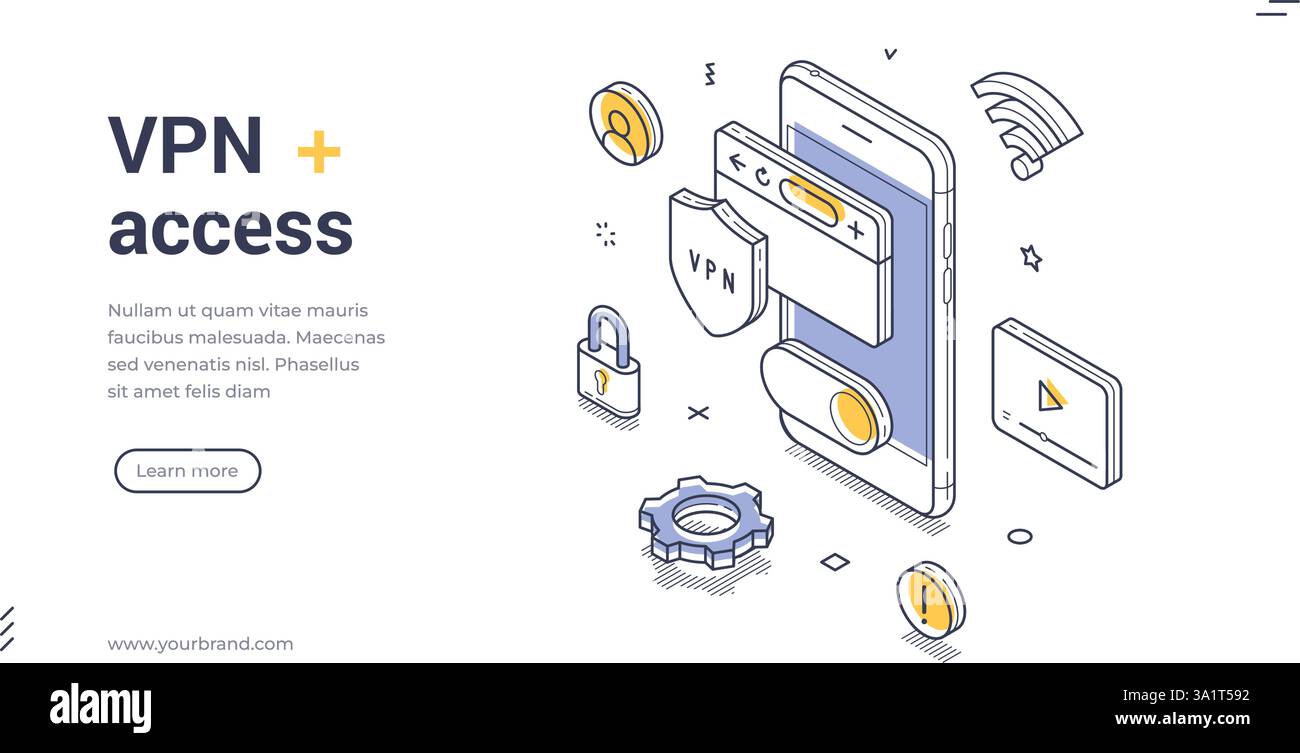 Web banner showcases a VPN access template featuring isometric design elements like a smartphone ...