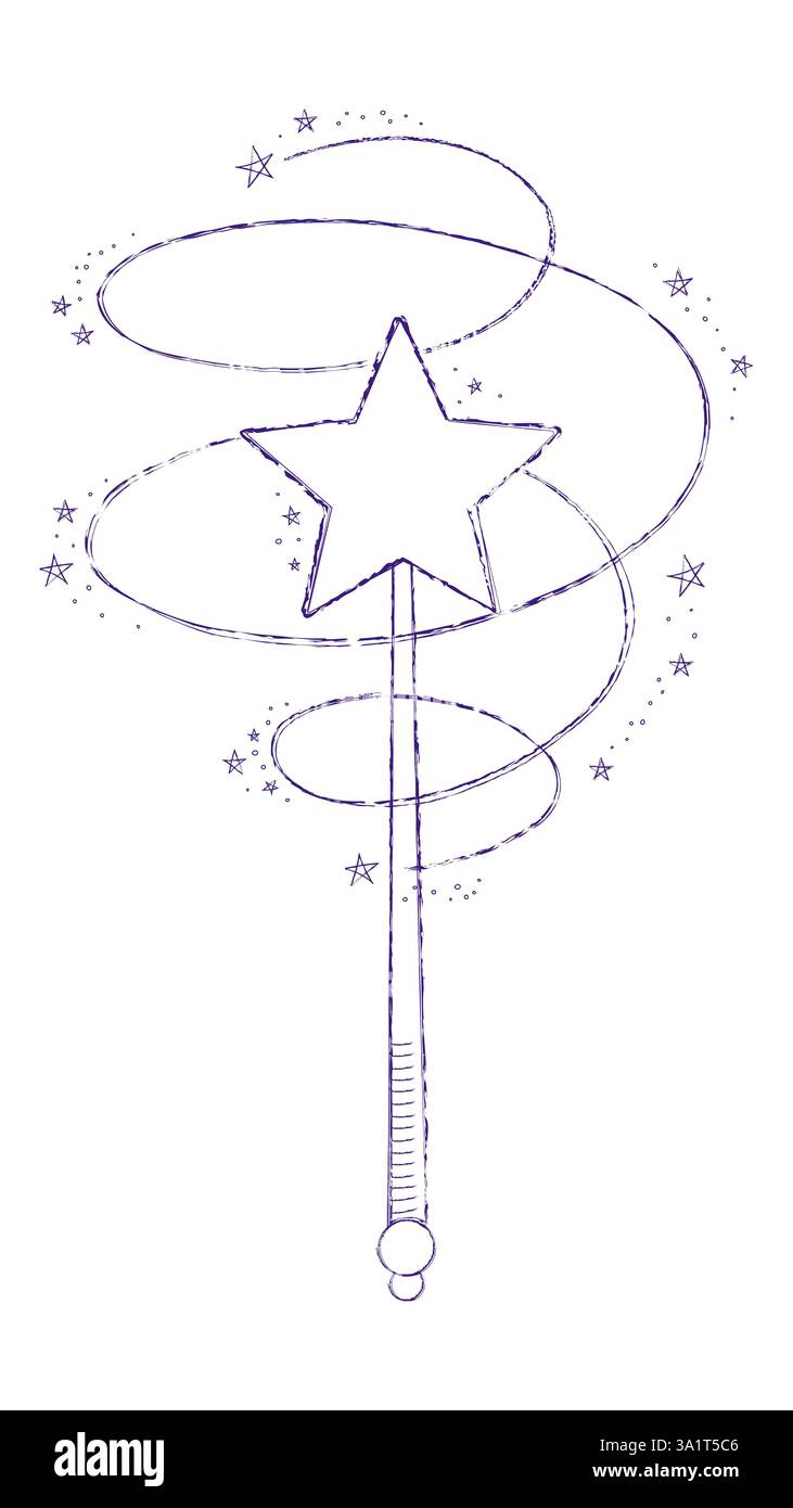Magic wand doodle. Fairytale element in sketch style. Hand drawn vector ...
