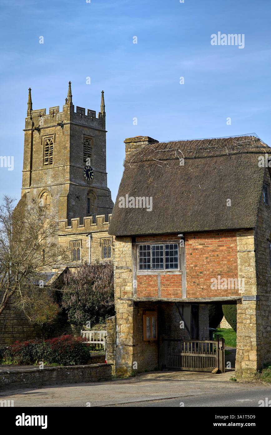St Peter & St Paul Church, Long Compton, with thatched lychgate ...