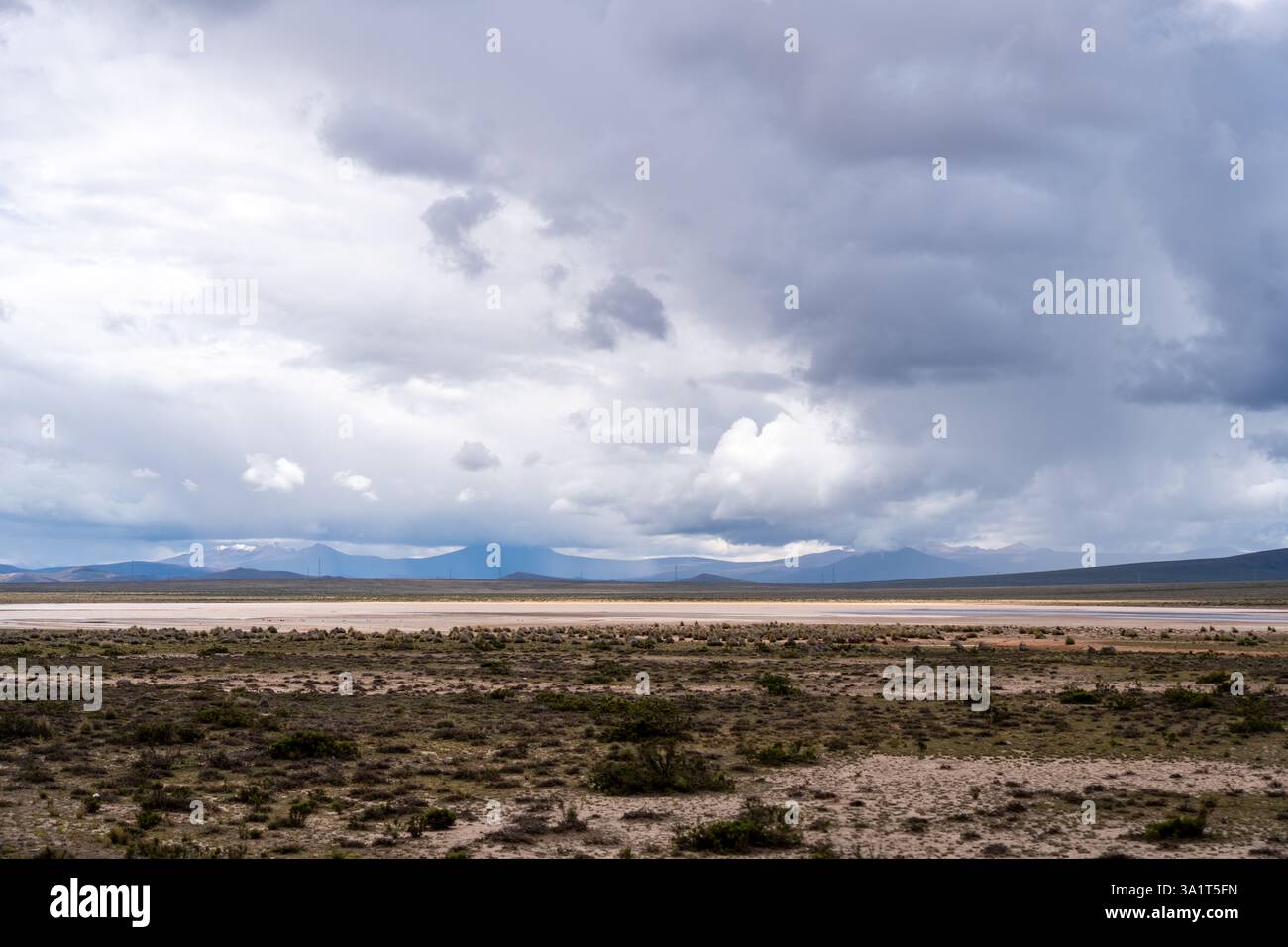 A vast, arid valley under a dramatic sky in Peru, showcasing the desert ...