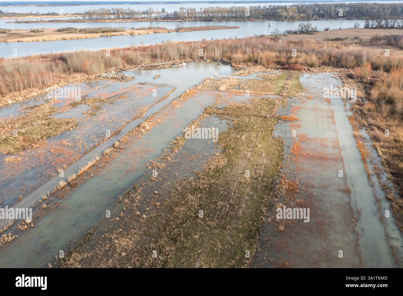 Flooded and flooded fields and meadows, view from a drone Stock Photo ...