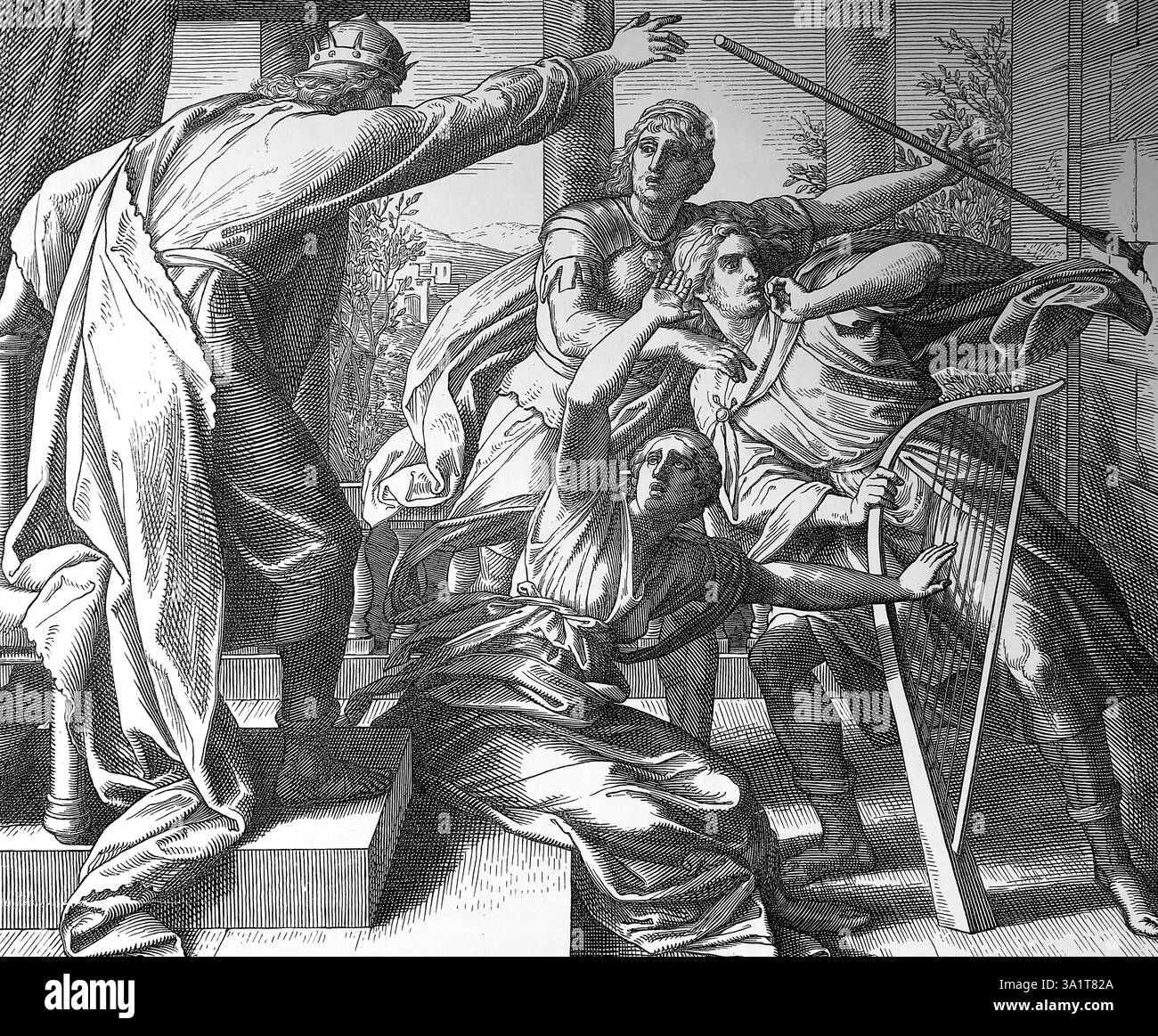 Bible. Saul tries to kill David. 1st Book of Samuel. Illustration by J ...