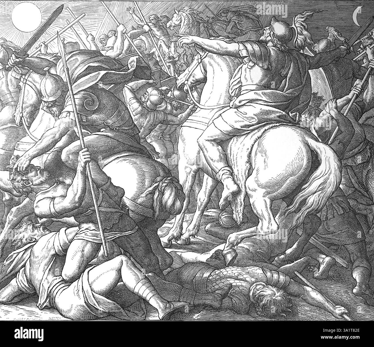 Bible. The Sun and the Moon stand still. Book of Joshua. Illustration ...