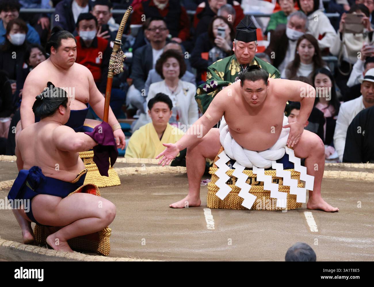 Highest rank Sumo Wrestler, Yokozuna Hoshoryu (R) performs the ring ...