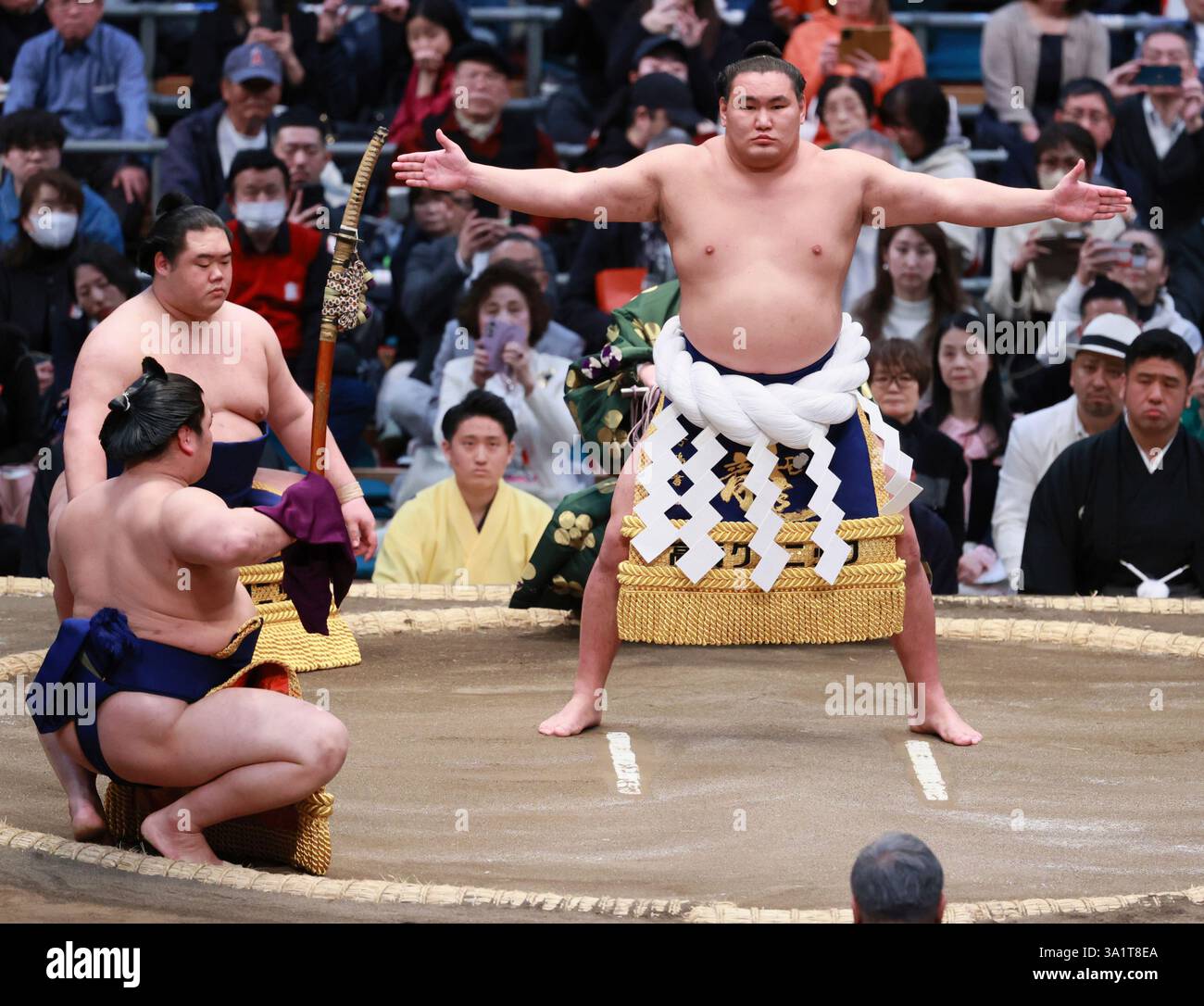 Highest rank Sumo Wrestler, Yokozuna Hoshoryu (R) performs the ring ...