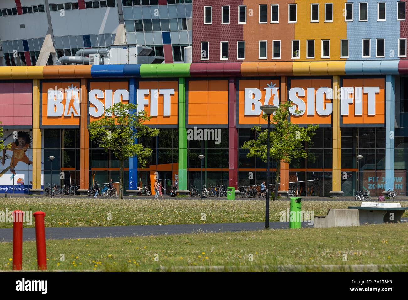 Basic-Fit logo sign at the gym. Basic Fit is the largest fitness chain ...