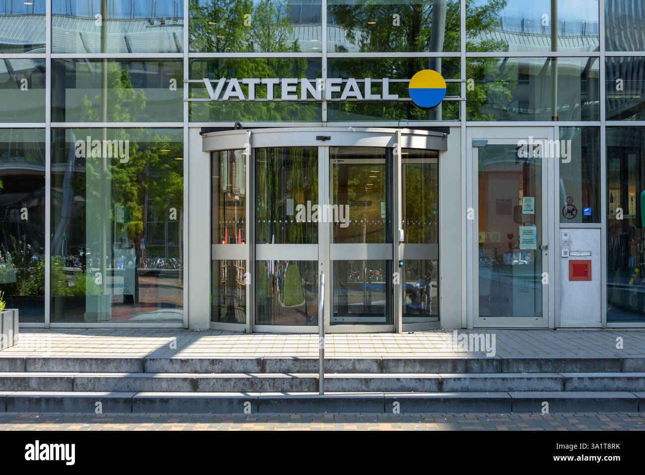 Vattenfall logo sign at the office entrance. Vattenfall is an energy ...