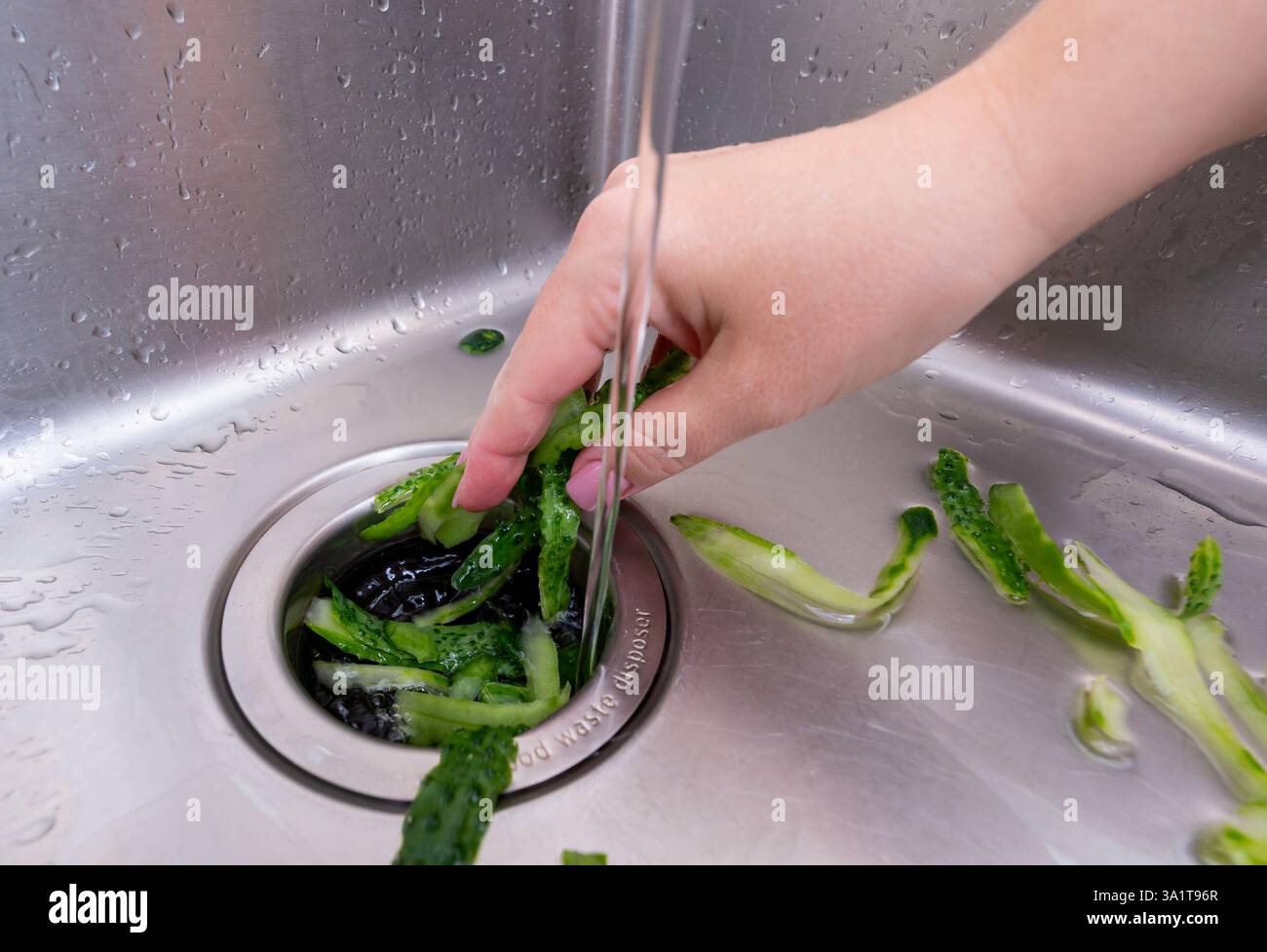 Efficient waste disposal: organic peels being washed into a kitchen ...