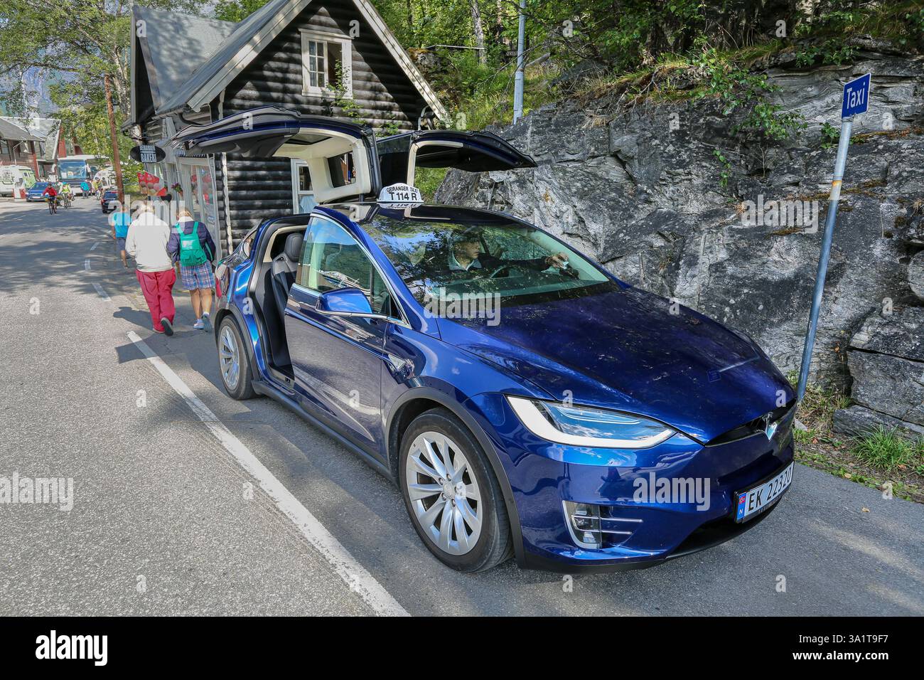 A taxi Tesla Tesla model X with double-hinged falcon wing open doors ...