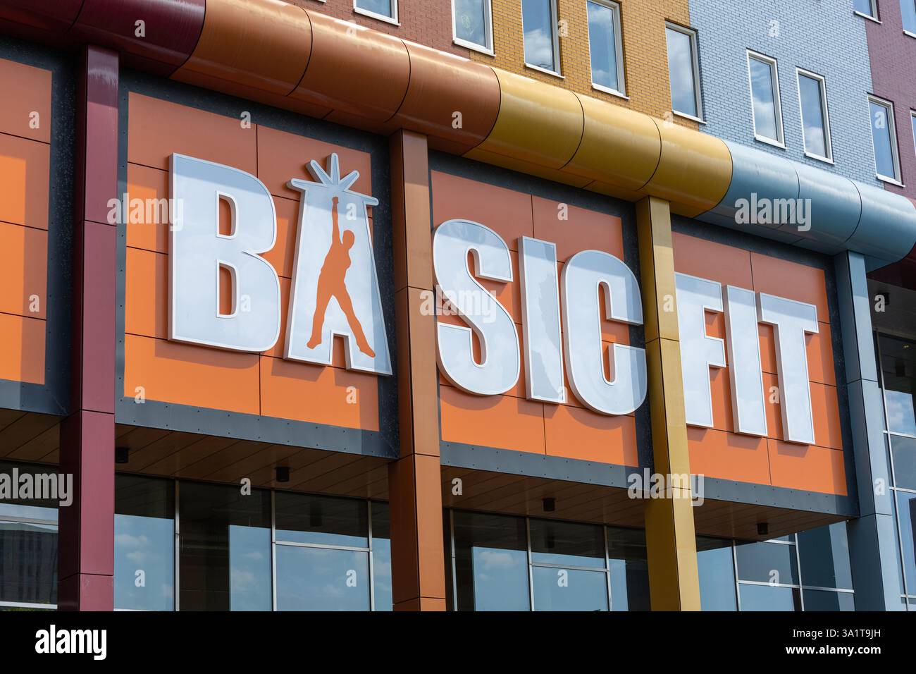Basic-Fit logo sign at the gym. Basic Fit is the largest fitness chain ...