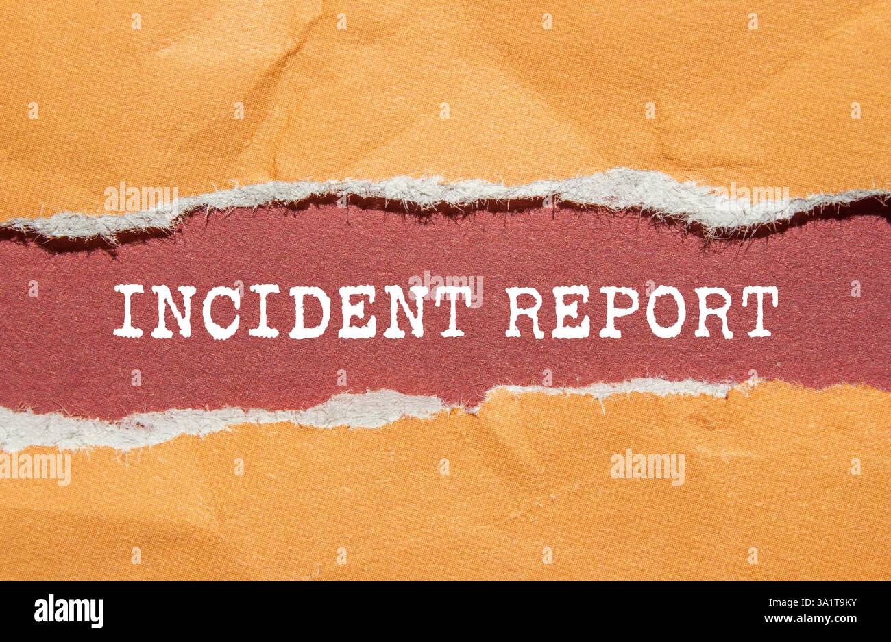 Incident report message written on ripped torn orange paper on red background. Conceptual ...