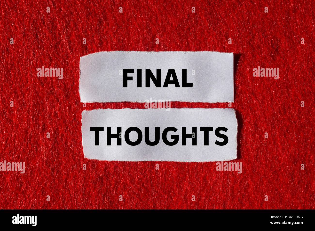 Final thoughts message written on ripped torn paper pieces on red ...