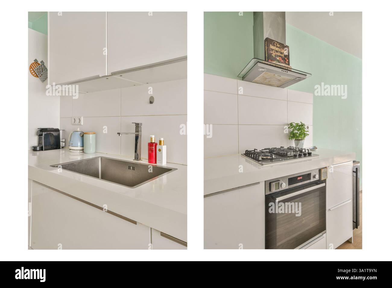 This contemporary kitchen features stylish white cabinetry, elegant ...