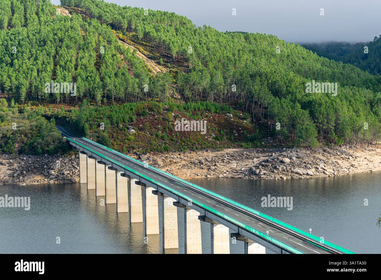 view of the bridge crossing the Alto Lindoso Reservoir, Lobios. Ourense ...