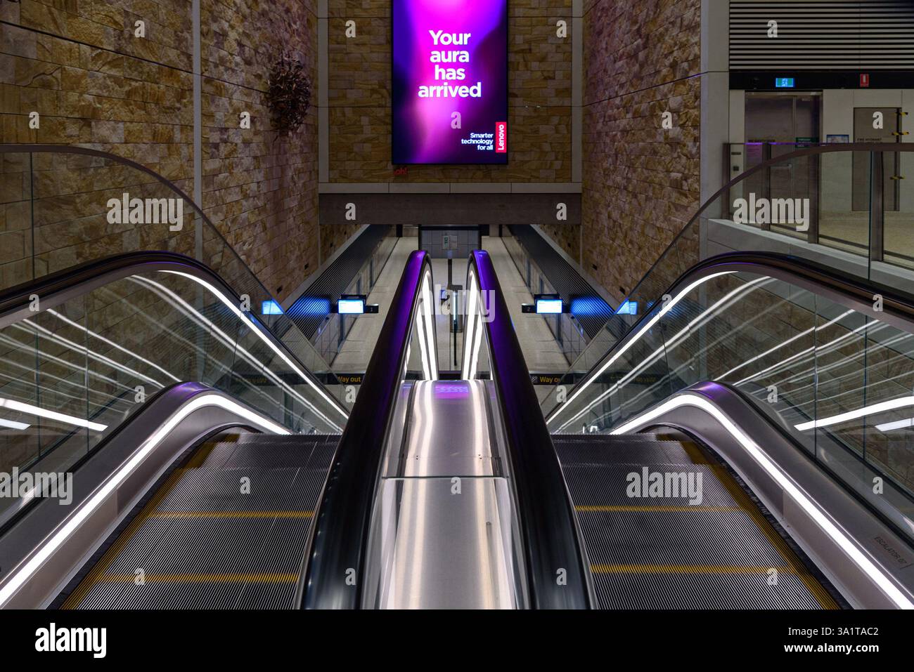 Looking down the escalators to the platforms at the Barangaroo metro ...
