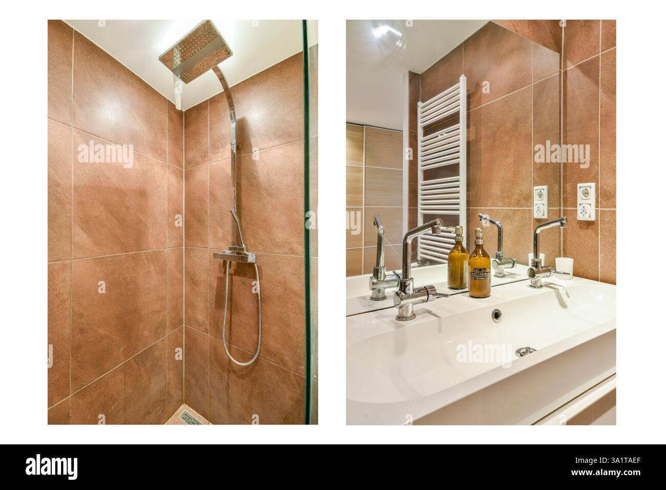 A stylish modern bathroom featuring a sleek shower area on the left and ...