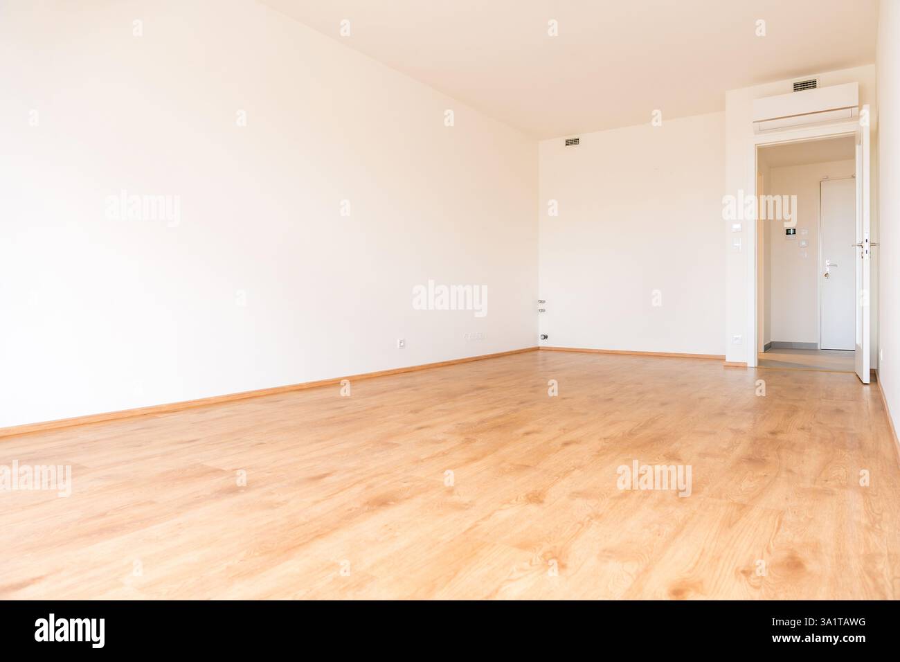 Modern empty apartment interior with wooden flooring and white walls ...