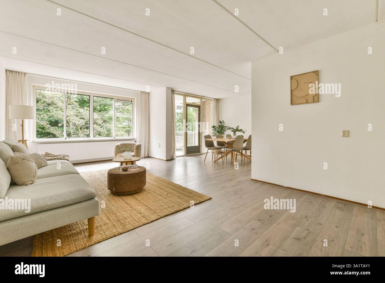 A bright and stylish modern living room featuring a comfortable sofa ...