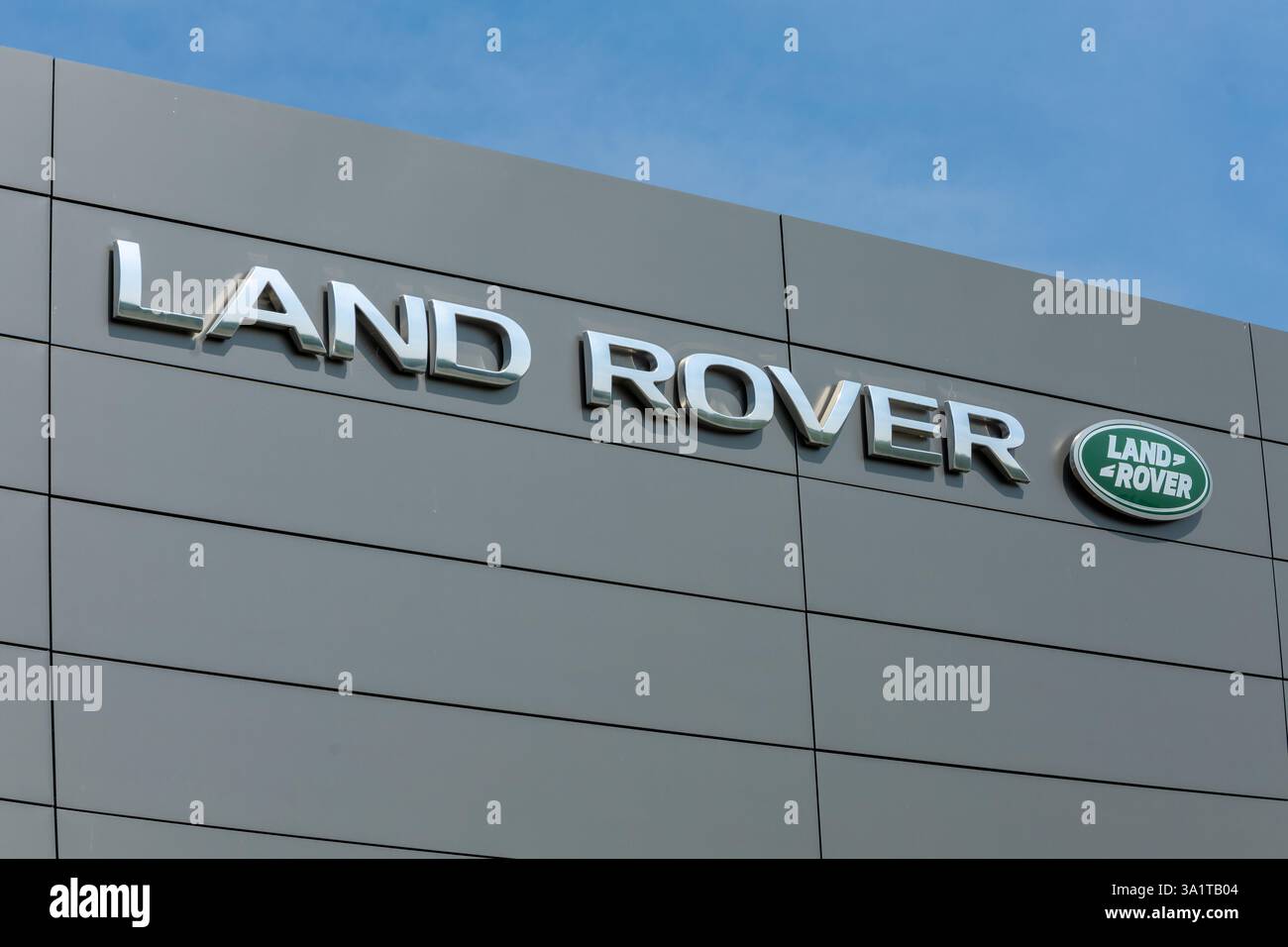 Land Rover chrome logo sign at the Land Rover showroom in Utrecht. Land ...