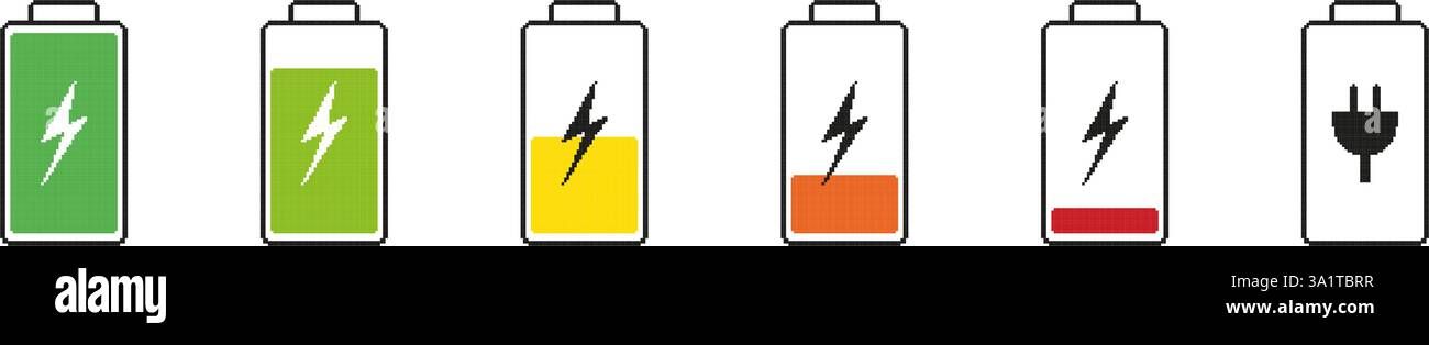 Battery Charge Levels Pixelated Icon Set. Pixel Art Symbol Collection ...