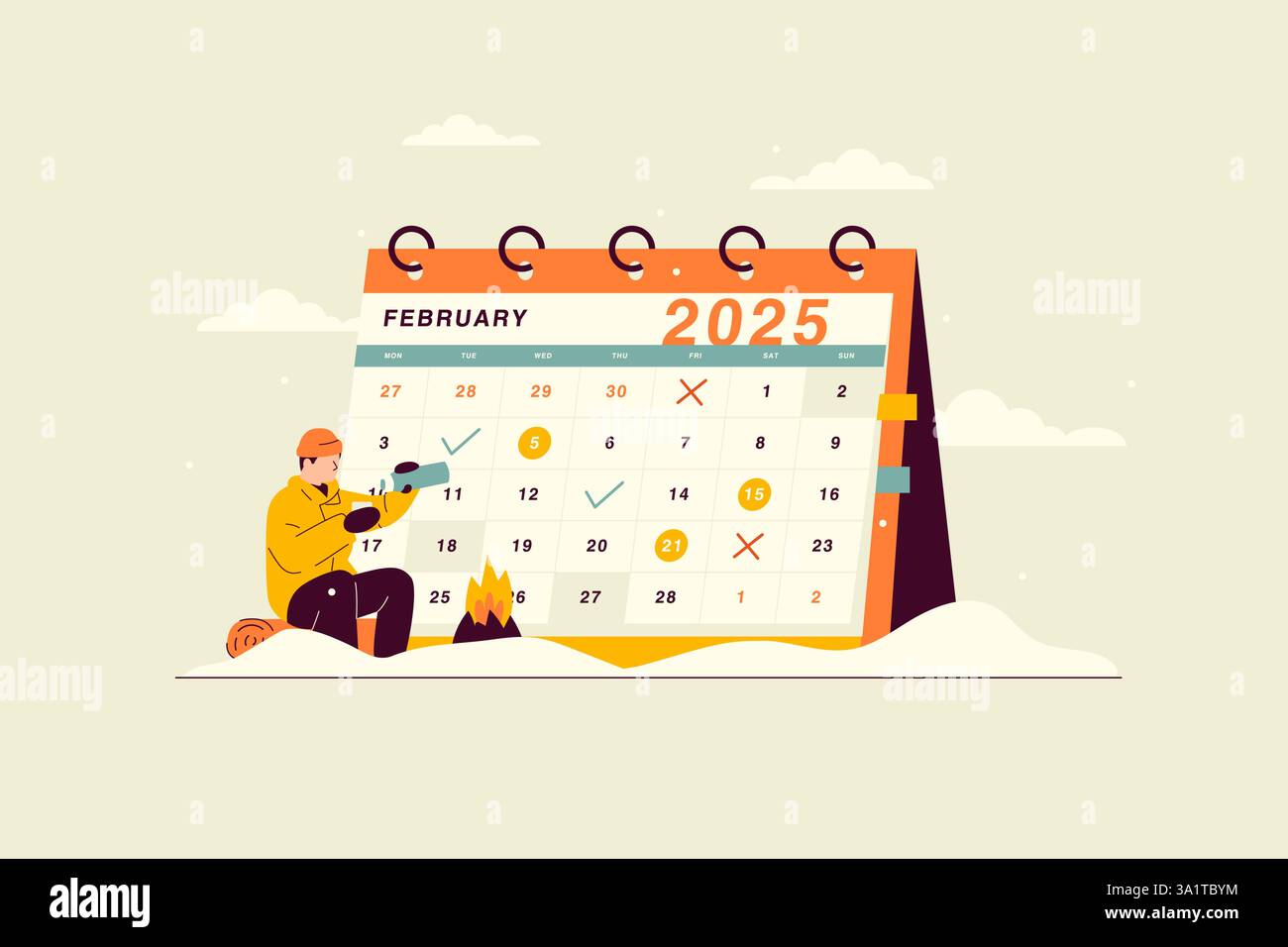 Vector illustration of February 2025 calendar against the backdrop of a ...
