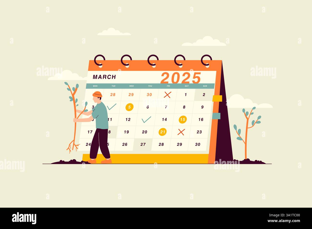 Vector illustration of March 2025 calendar against the backdrop of ...