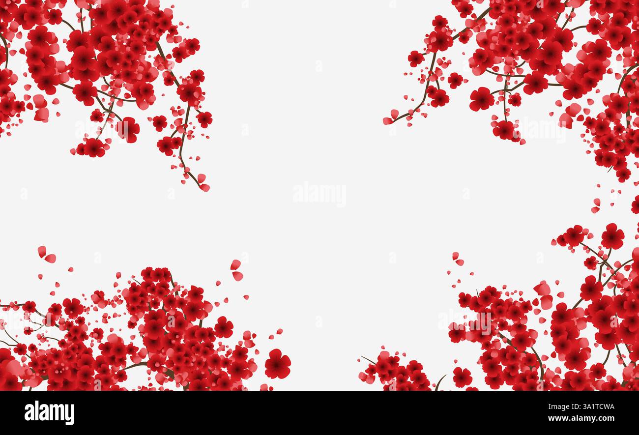 Frame of Red cherry blossom background pattern, spring time red sakura ...