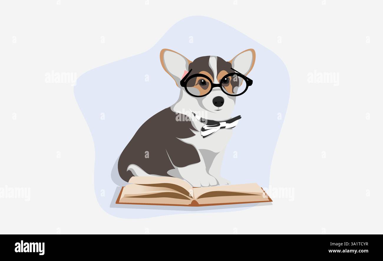 Flat Illustration Smart dog with eyeglasses reading book isolated white ...