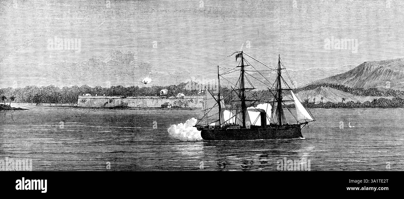 H.M.S. Niobe bombarding San Fernando Castle, Omoa, Spanish Honduras ...