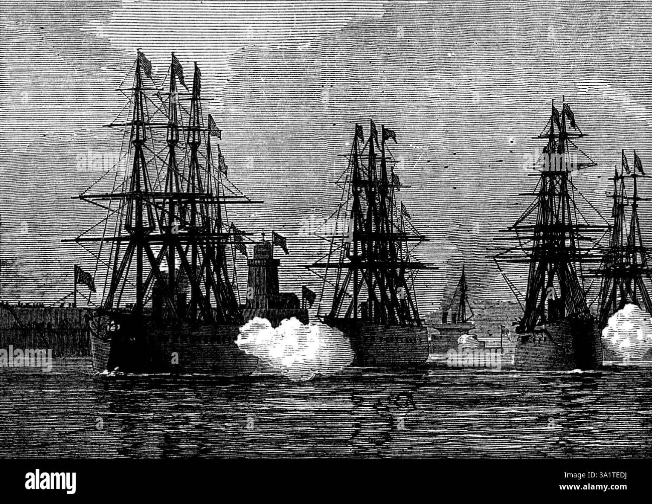 The Ironclad Squadron saluting at the Holyhead breakwater, [north Wales ...