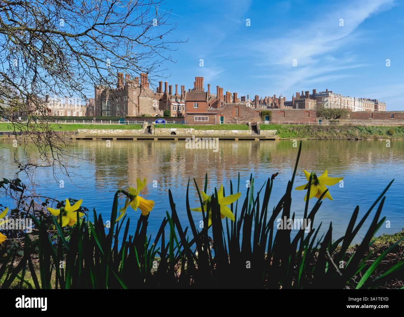The River Thames and Hampton Court palace on a sunny spring day, South ...