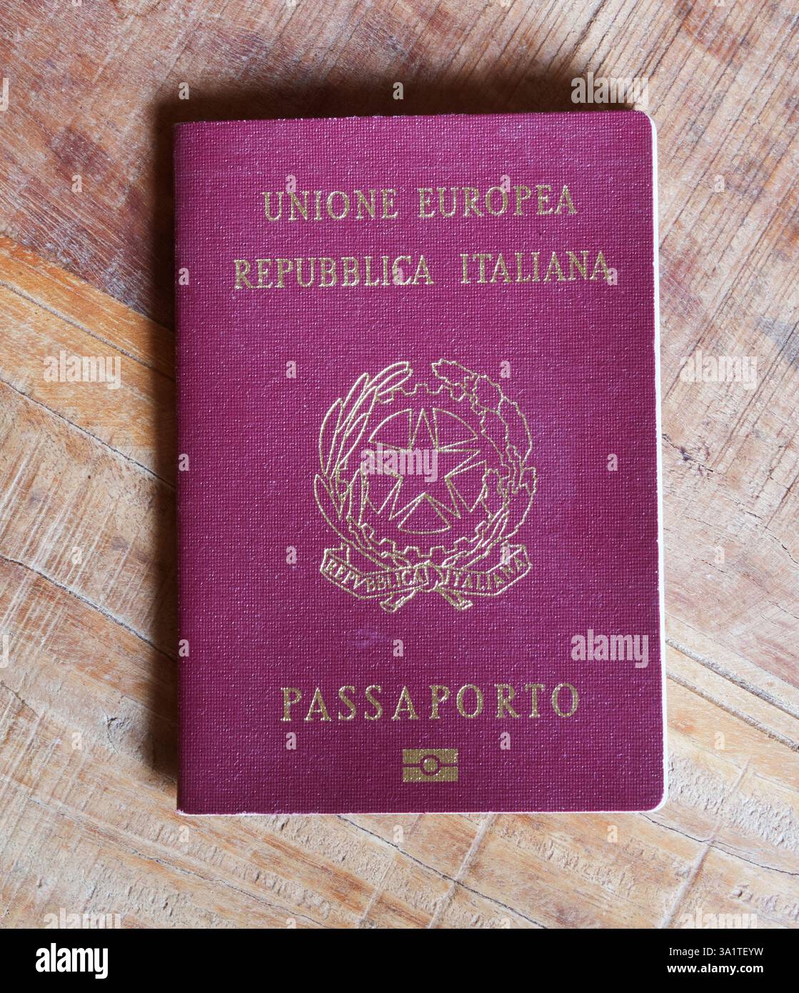 The passport has a burgundy cover with gold embossed text and the ...