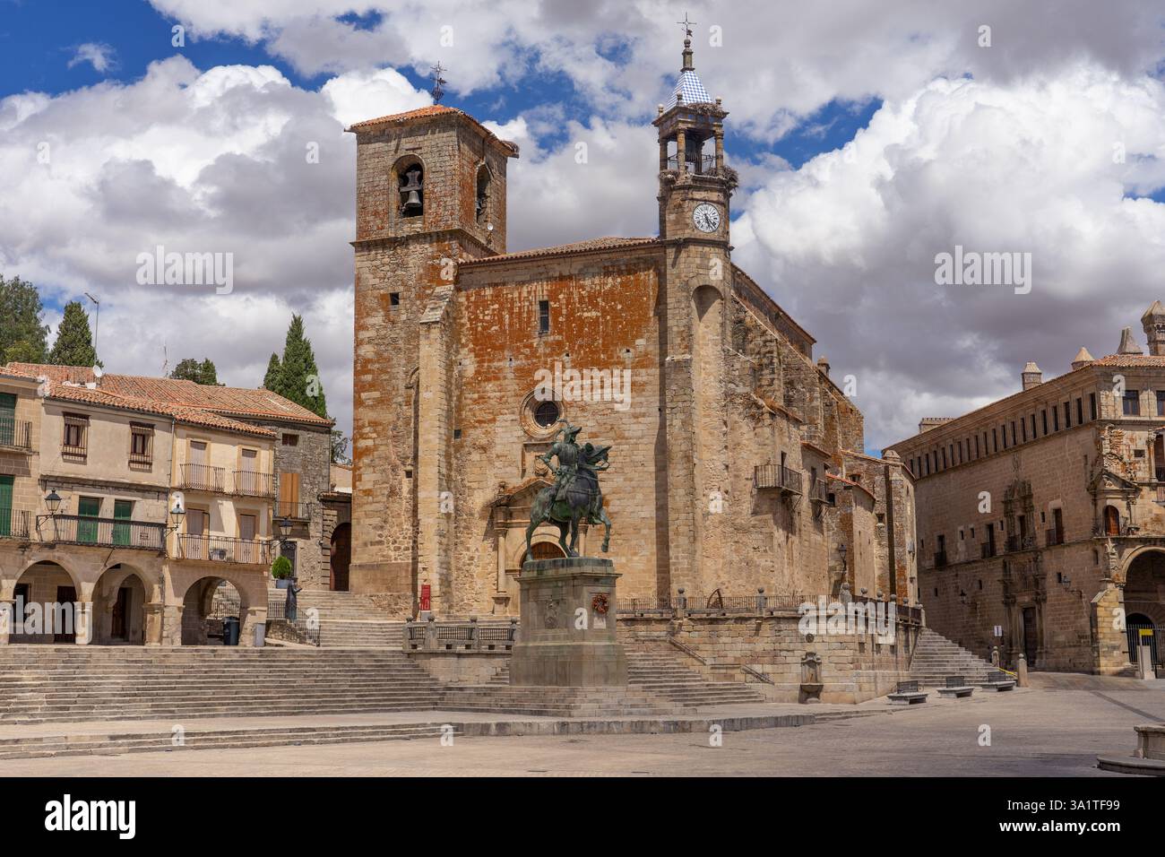 Mayor Square of medieval village of Trujillo with the San Martin church ...
