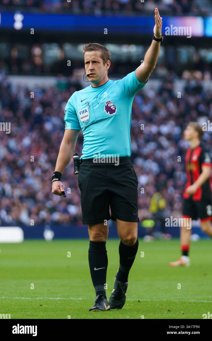London, UK. 09th Mar, 2025. Referee John Brooks during the Tottenham ...
