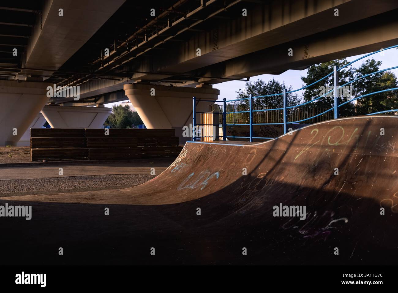 Light and shadow on the path of the skate park. Skateboarding ...