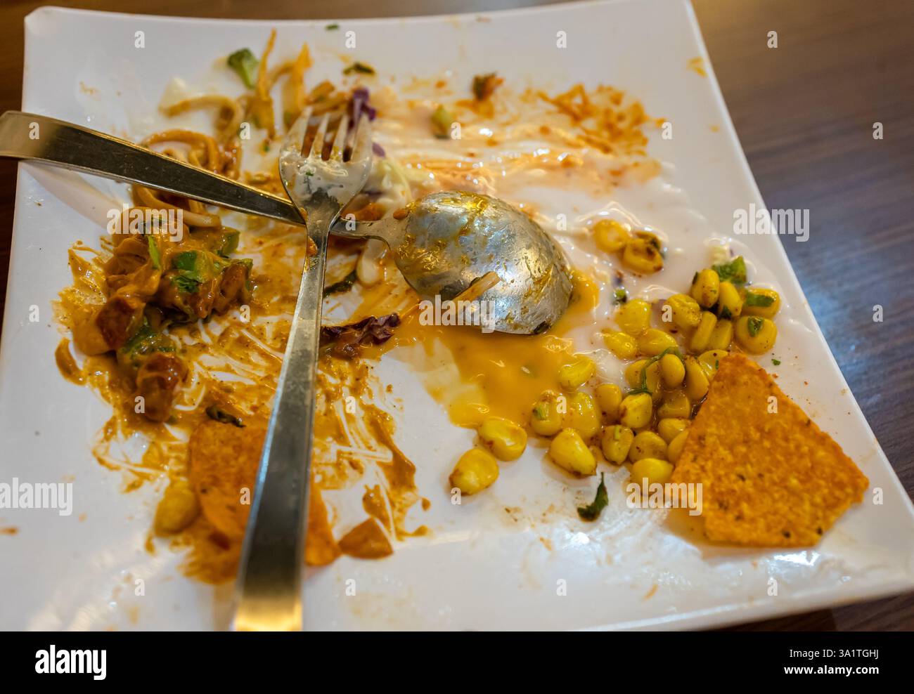crossed spoon and fork on empty plate symbolizing finished meal Stock ...