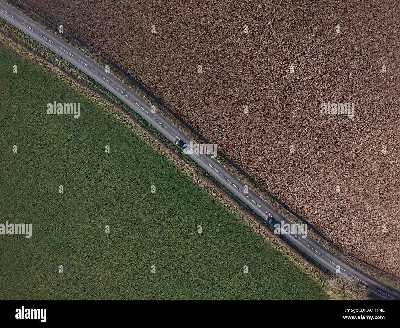 Aerial of countryside road in rural farming community, england UK Stock ...
