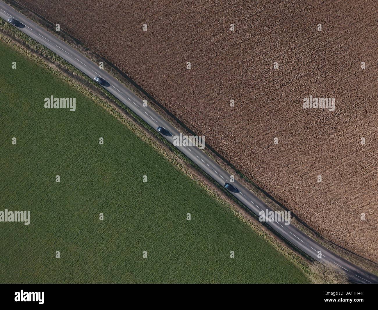 Aerial of countryside road in rural farming community, england UK Stock ...